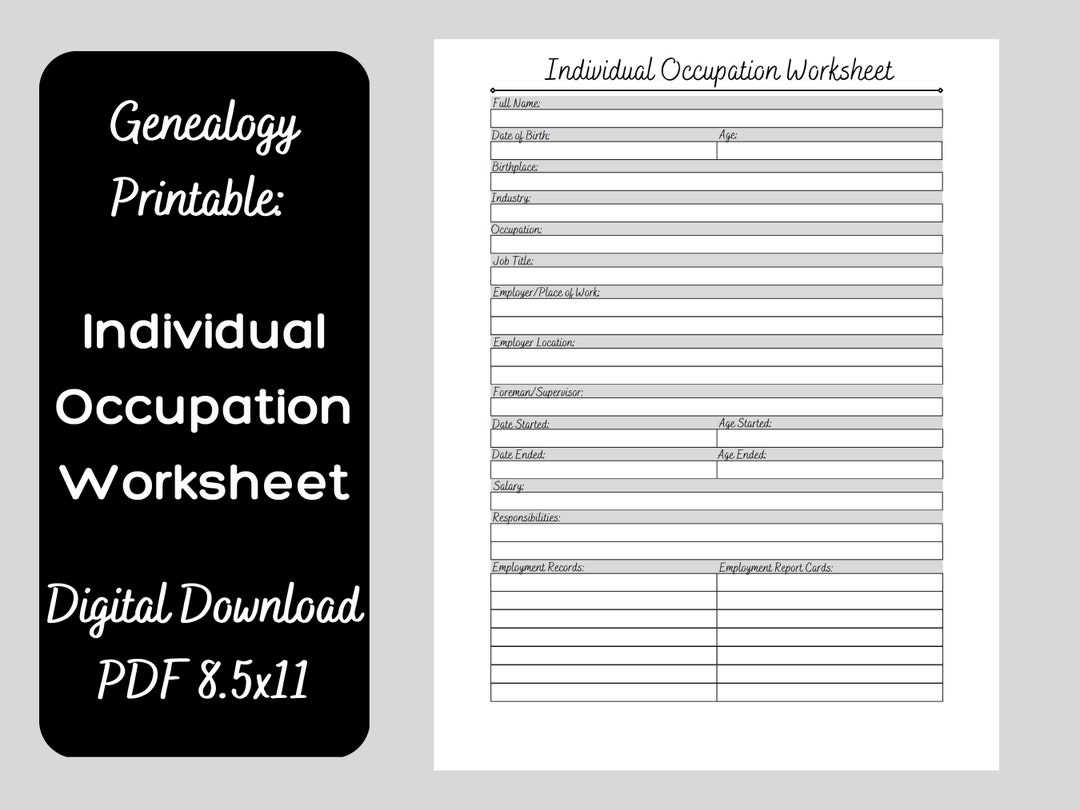 Individual Occupation Worksheet, Genealogy Page, Ancestry Printable ...