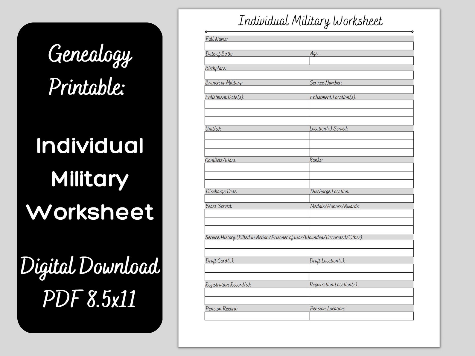 Individual Military Worksheet, Genealogy Page, Ancestry Printable ...