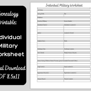 Individual Military Worksheet, Genealogy Page, Ancestry Printable ...