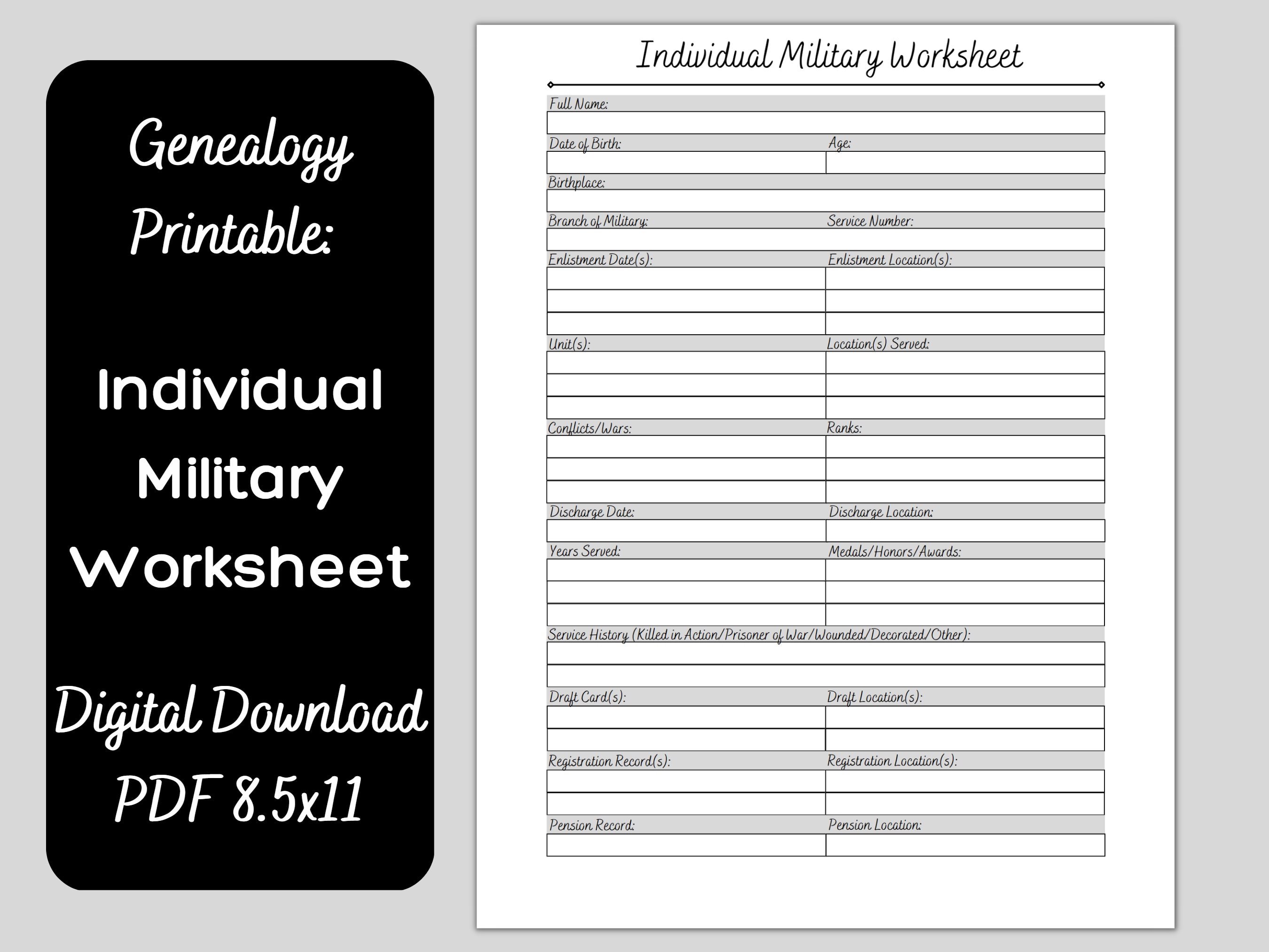 Individual Military Worksheet, Genealogy Page, Ancestry Printable ...