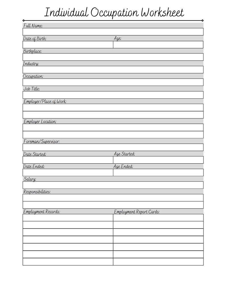 Individual Occupation Worksheet, Genealogy Page, Ancestry Printable ...