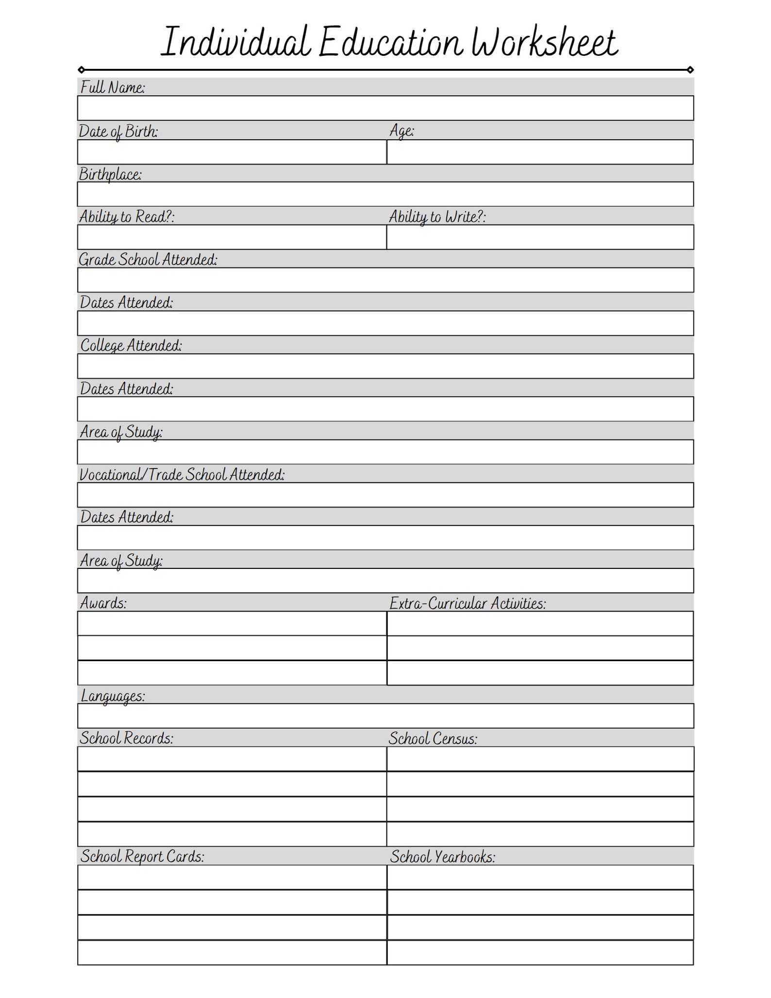 Individual Education Page, Genealogy Worksheet, Ancestry Printable ...
