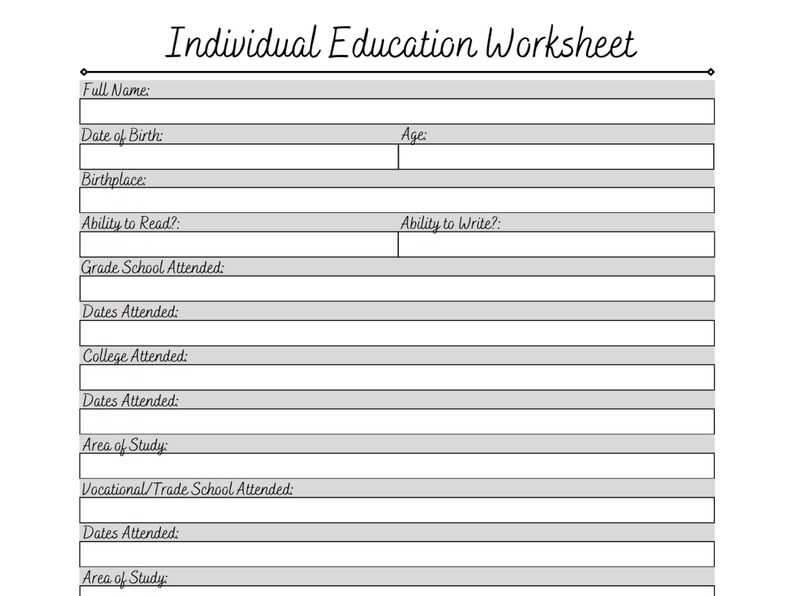 Individual Education Page, Genealogy Worksheet, Ancestry Printable ...