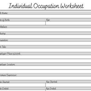 Individual Occupation Worksheet, Genealogy Page, Ancestry Printable ...