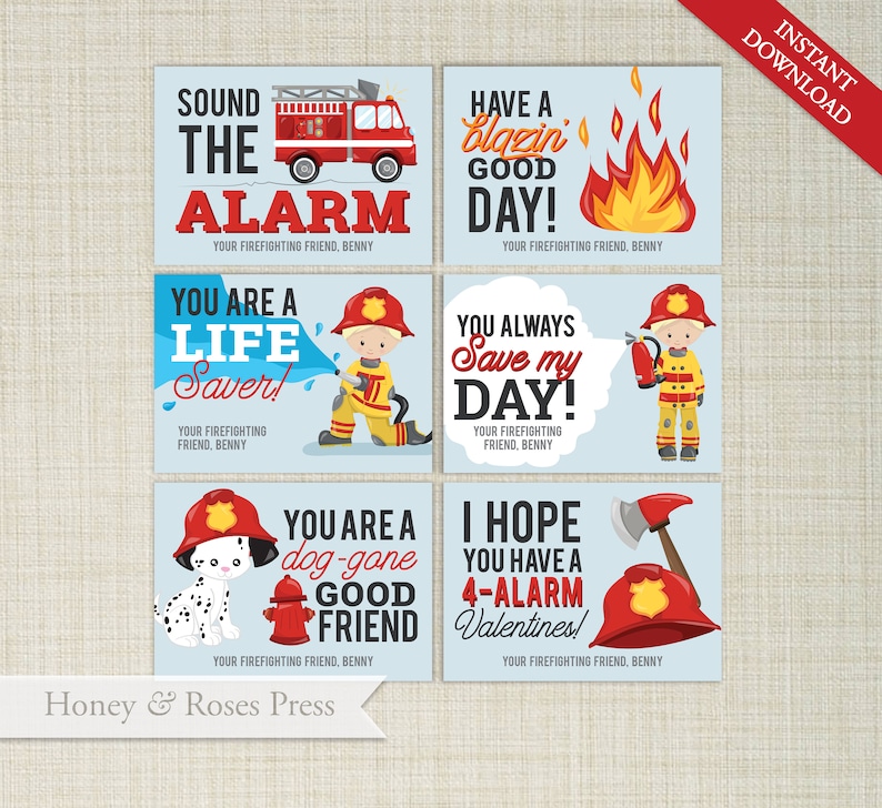 Editable Firefighter Valentine's Day Classroom Cards - Etsy