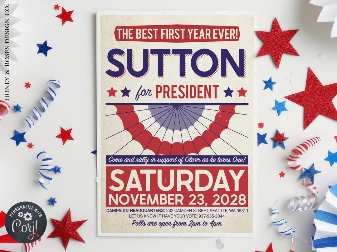 Editable Vintage Presidential Election First Birthday Invitation ...