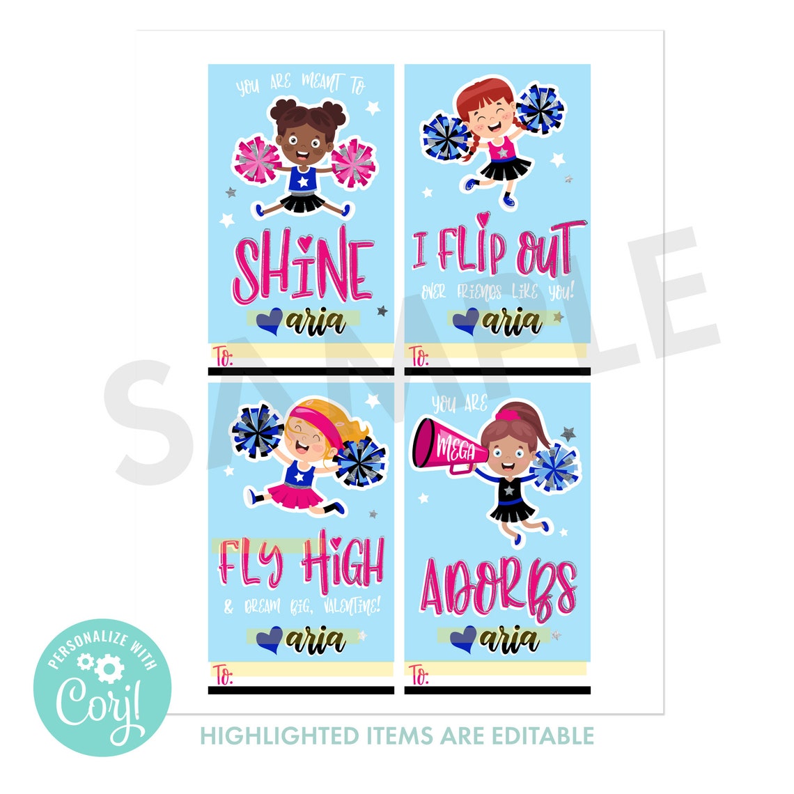 Editable Cheer Valentine's Day Classroom Cards | Etsy