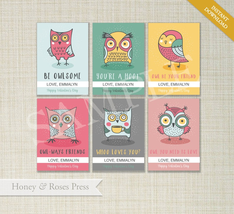 Owl Valentine's Day Cards . Woodland Valentines . Kids Valentines Cards ...