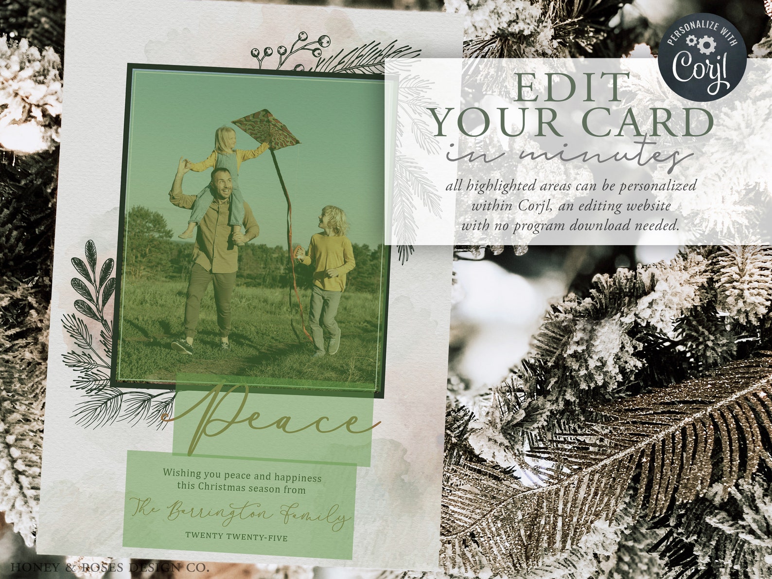 Editable Peace With Greenery and Gold Christmas Photo Card, Instant ...