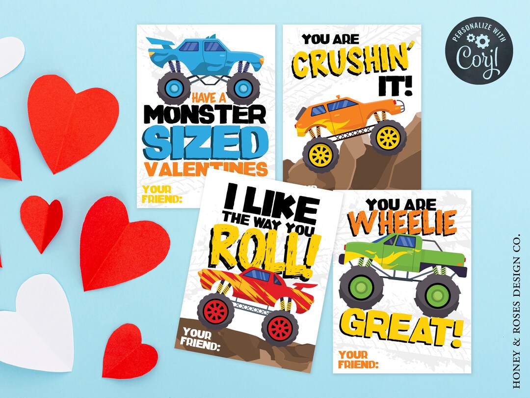 Editable Monster Truck Valentine's Day Classroom Cards, on a Roll ...