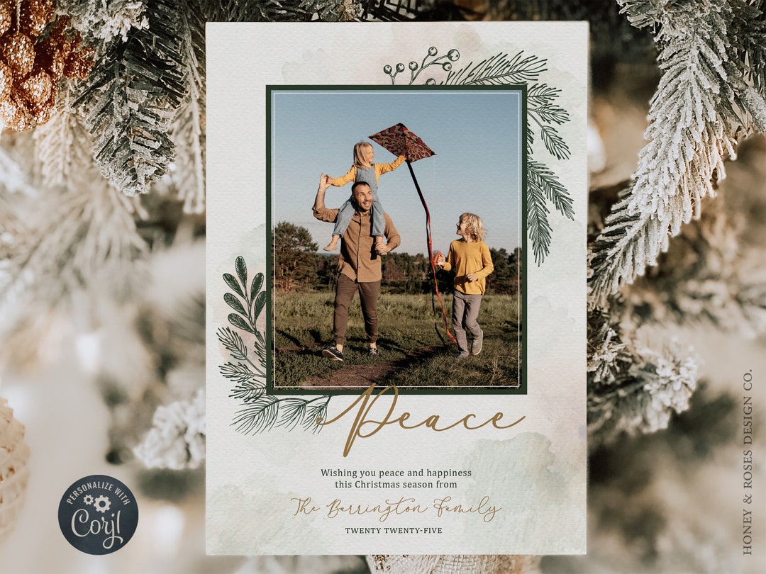 Editable Peace With Greenery and Gold Christmas Photo Card, Instant ...