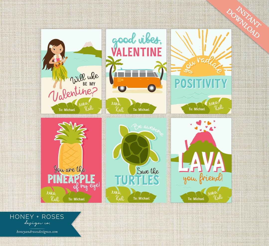 Editable Hawaii Beach Valentine's Day Classroom Cards, Aloha Instant ...