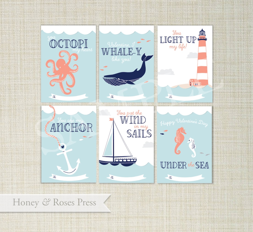 Nautical Valentine's Day Cards . Under the Sea Valentines . Kids ...