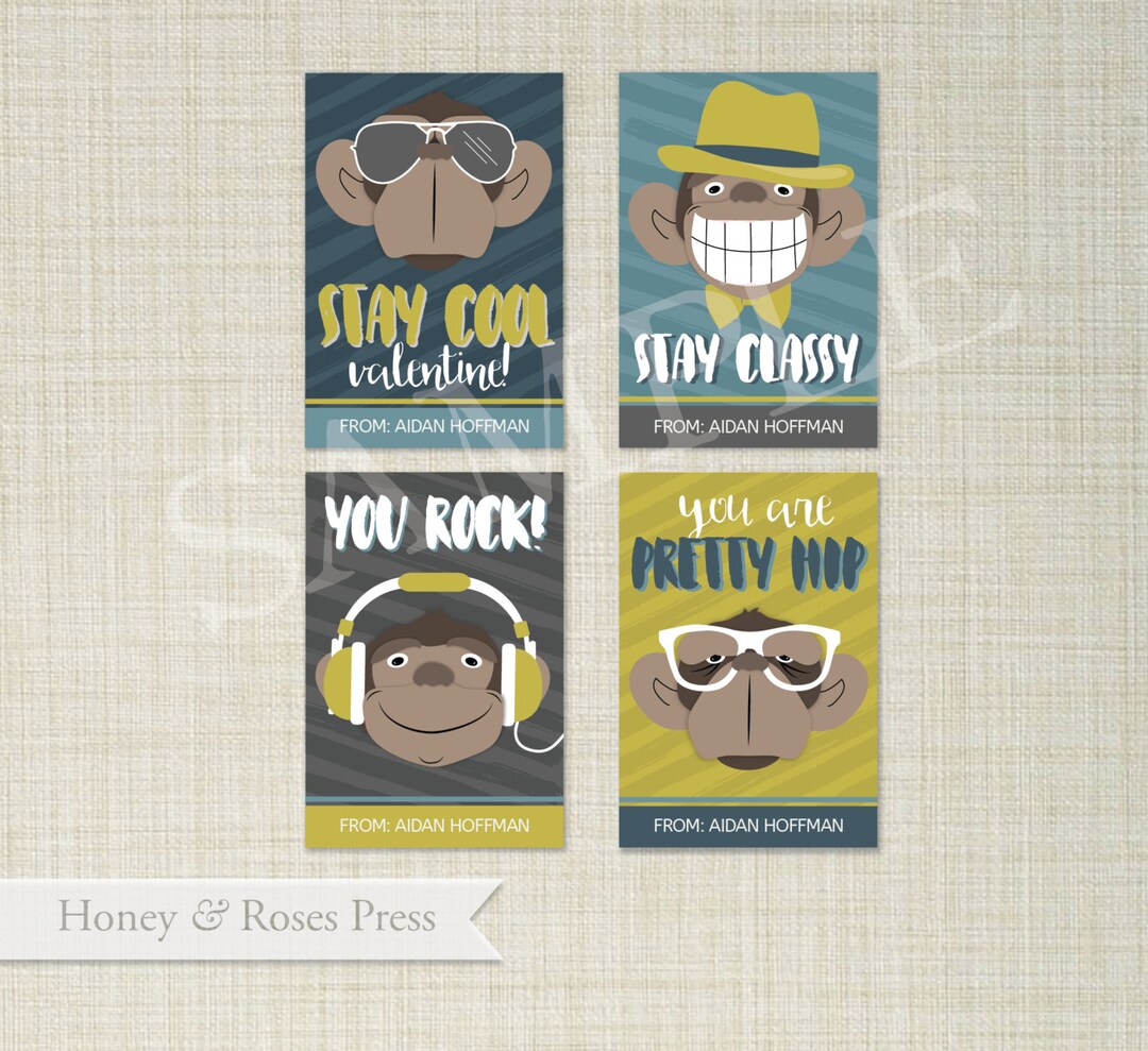 Printable Monkey Valentine's Day Cards . Hipster Valentines . Cool Kids ...