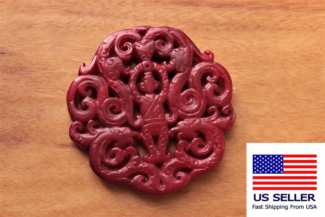 Chinese Dark Red Carved Stone Pendant With Figure and Dragons - Etsy