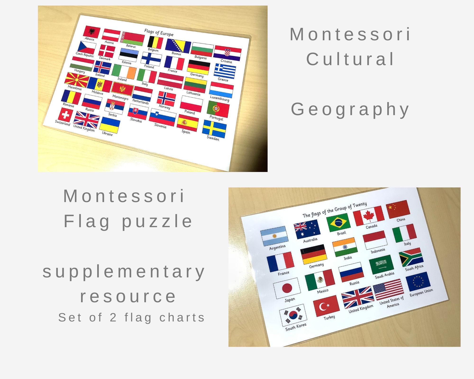 Montessori Geography G20 flags & European flags puzzle | Etsy