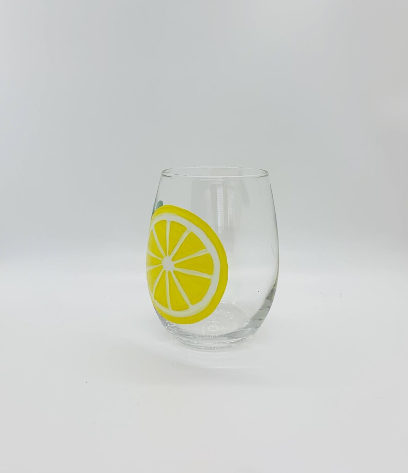 Lemon Wine Glass// Spring Wine Glass // Hand Painted Stemless Wine ...