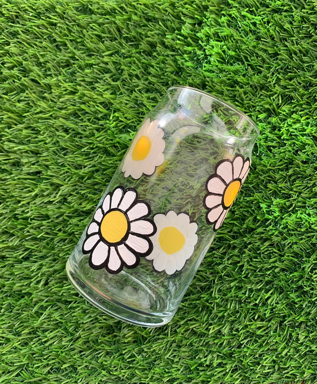 Daisy Beer Can Glass// Iced Coffee Glass// Hand Painted// Spring Glass ...