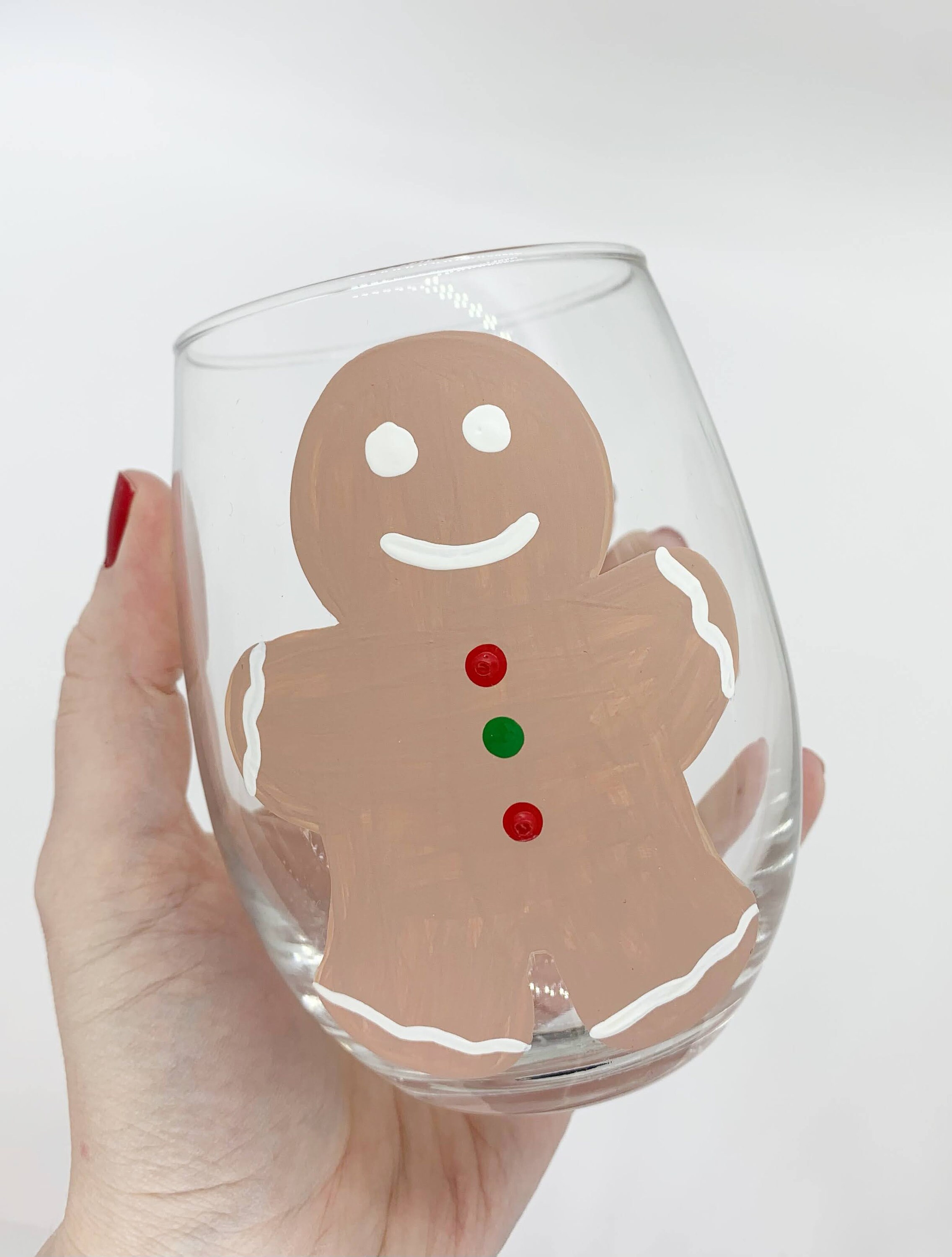 Gingerbread Wine Glass// Christmas Wine Glass// Hand Painted Stemless ...