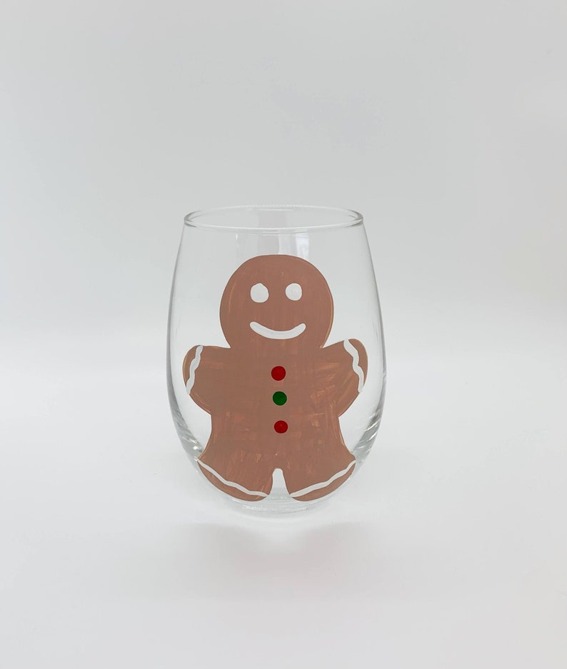 Gingerbread Wine Glass// Christmas Wine Glass// Hand Painted Stemless ...