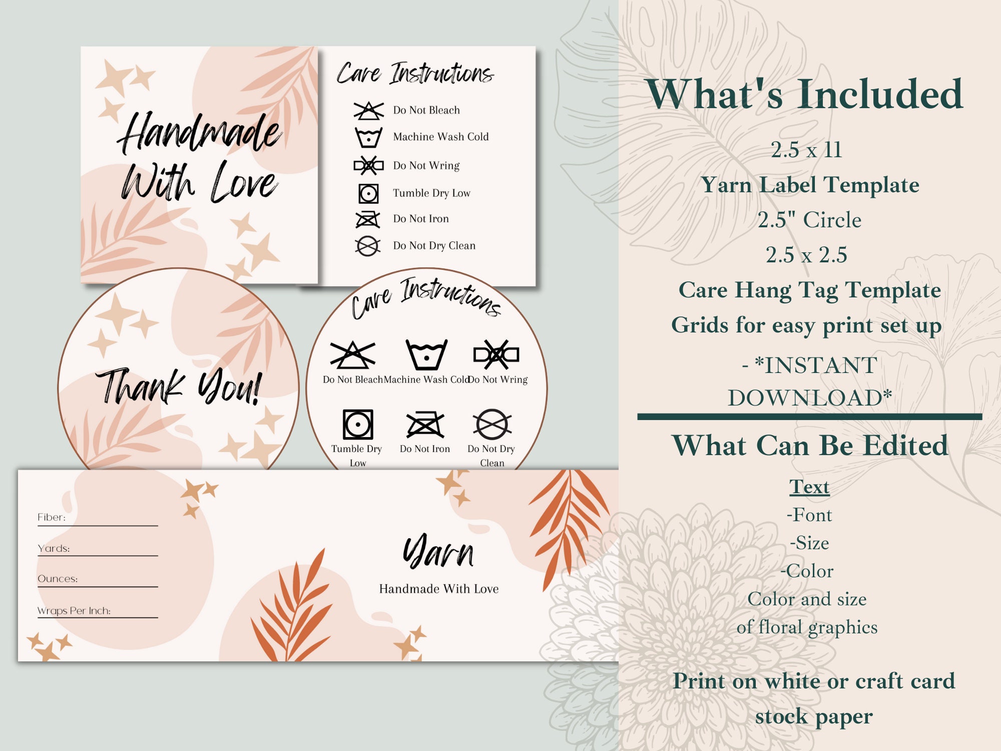 Editable BOHO Yarn Ball Wrap Label Template, Fiber Care Tag, Hand Dyed ...