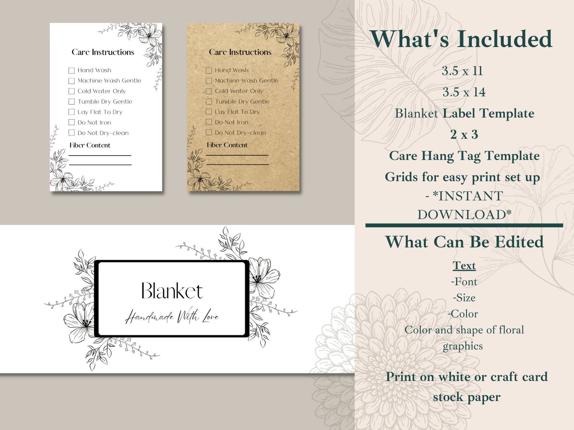 Printable Floral Blanket Wrap Label Template, Fiber Care Tag, Label ...