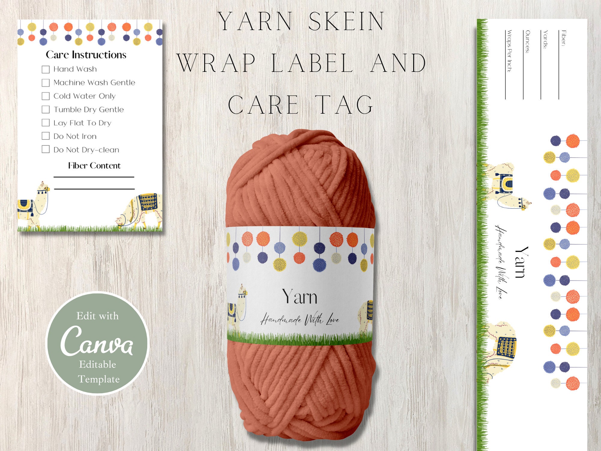 Printable Pom Poms and Llama Yarn Skein Wrap Label Template, Yarn Care ...