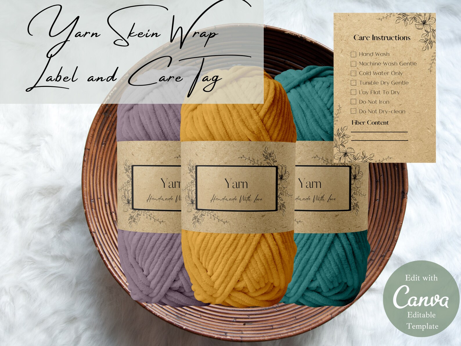 Printable Floral Yarn Skein Wrap Label Template, Yarn Care Tag, Hand ...