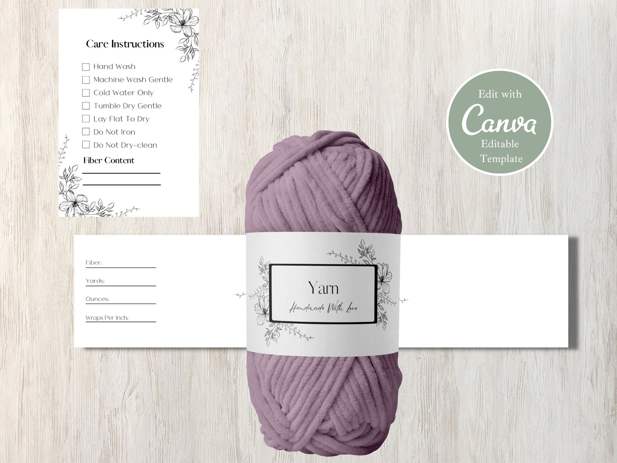 Printable Floral Yarn Skein Wrap Label Template, Yarn Care Tag, Hand ...