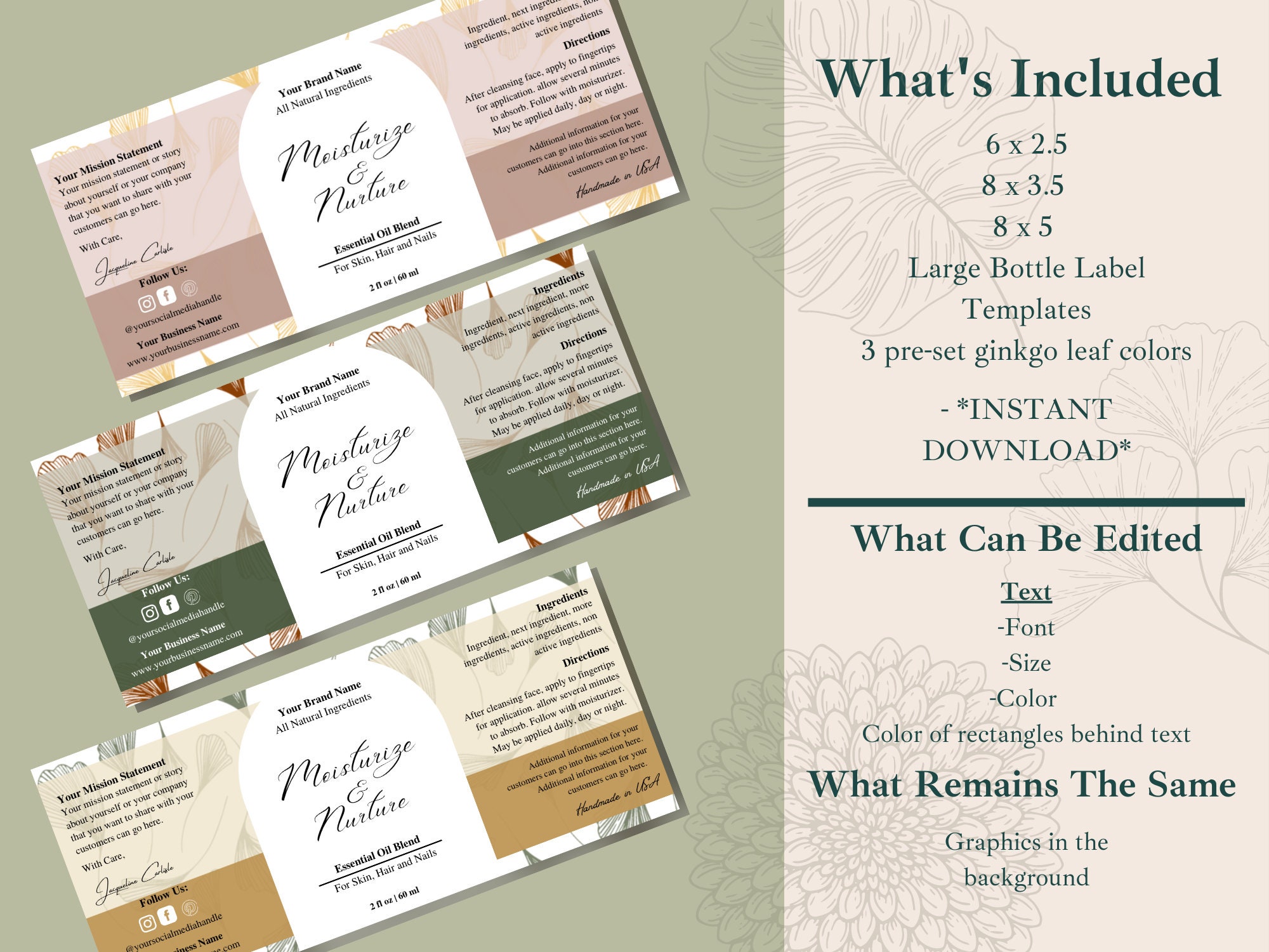 Ginkgo Leaf Large Bottle Label Templates Lotion Bottle Natural Cosmetic ...