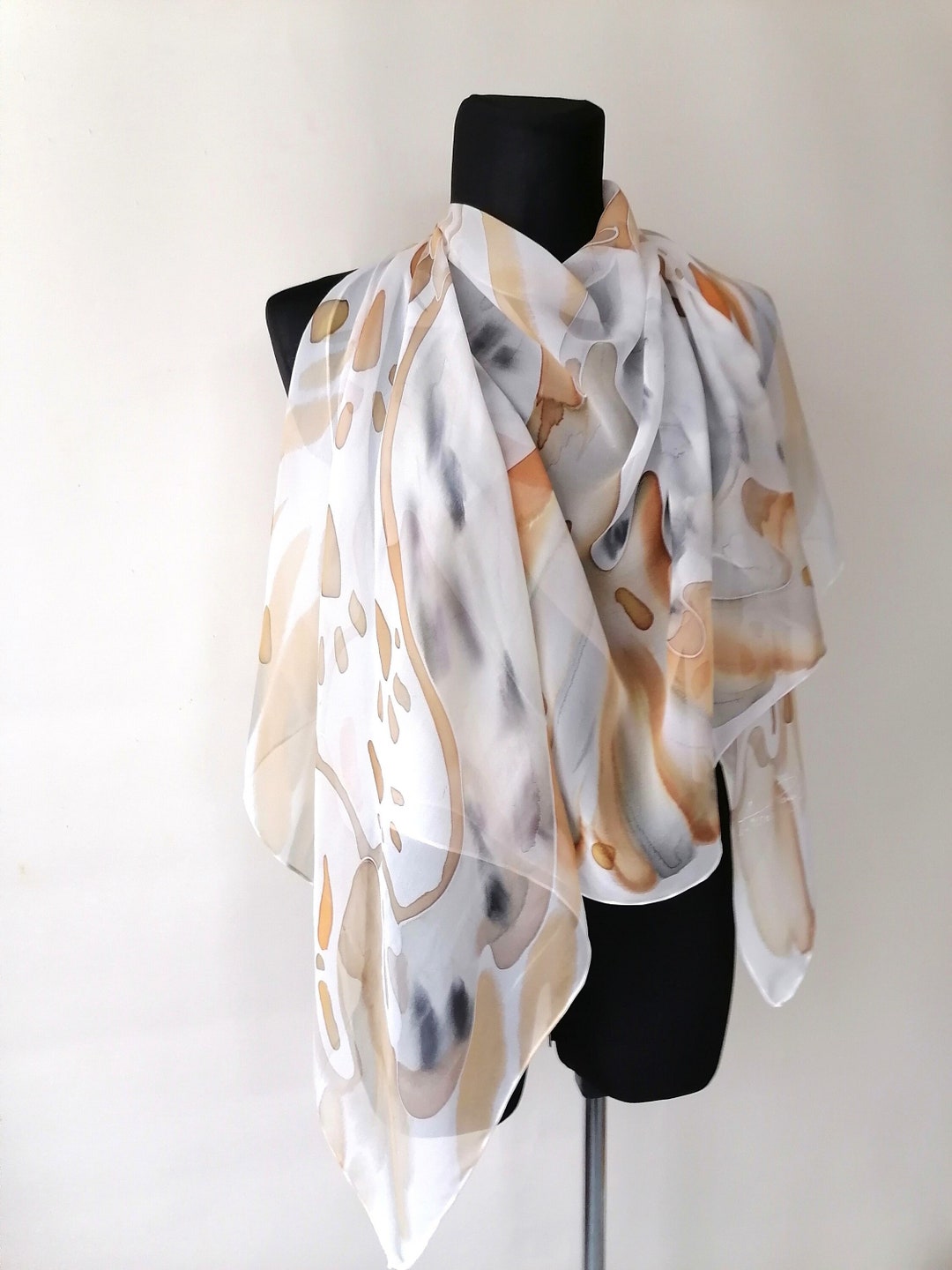 Silk Chiffon Scarf Hand Painted Silk Scarf Abstract Drawing Off-white ...