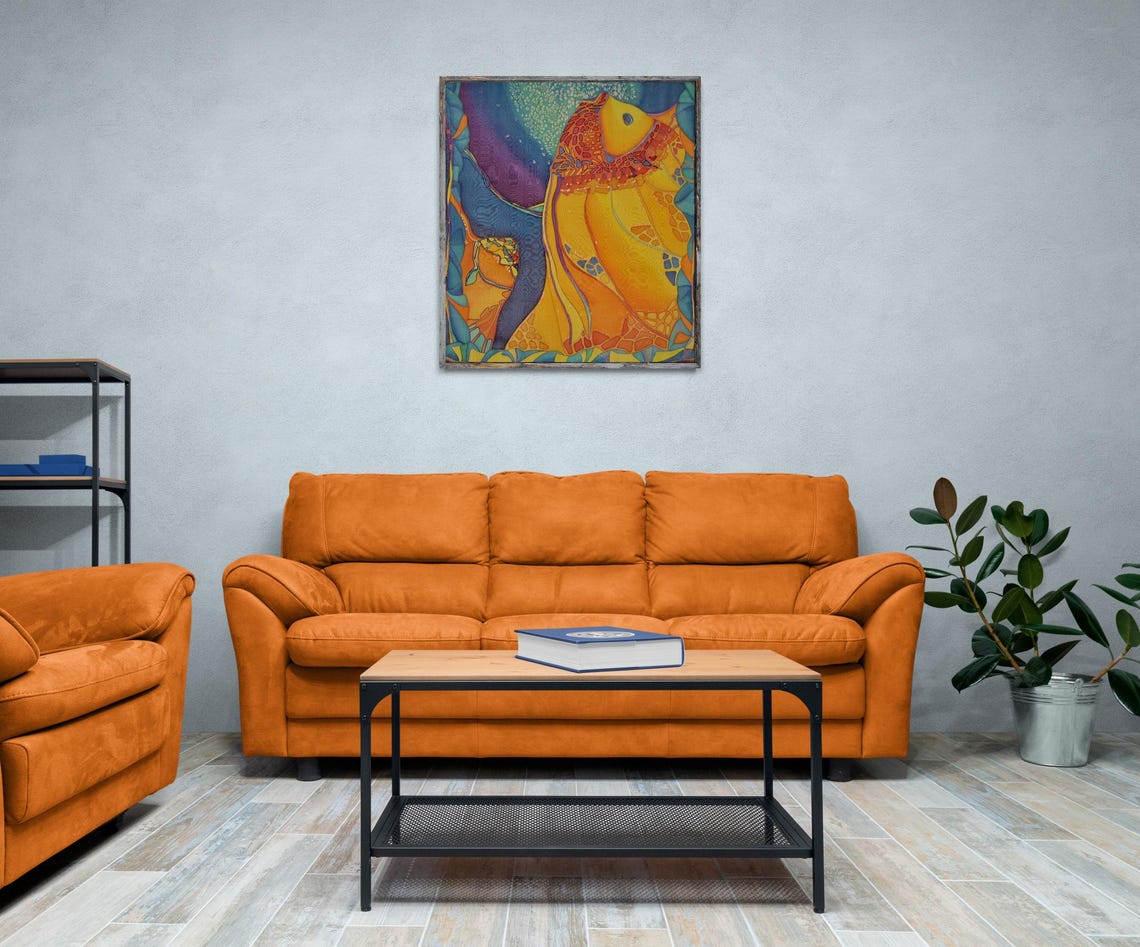 Fish Original Painting on Silk Artwork Flowers Exclusive Gift Wedding ...