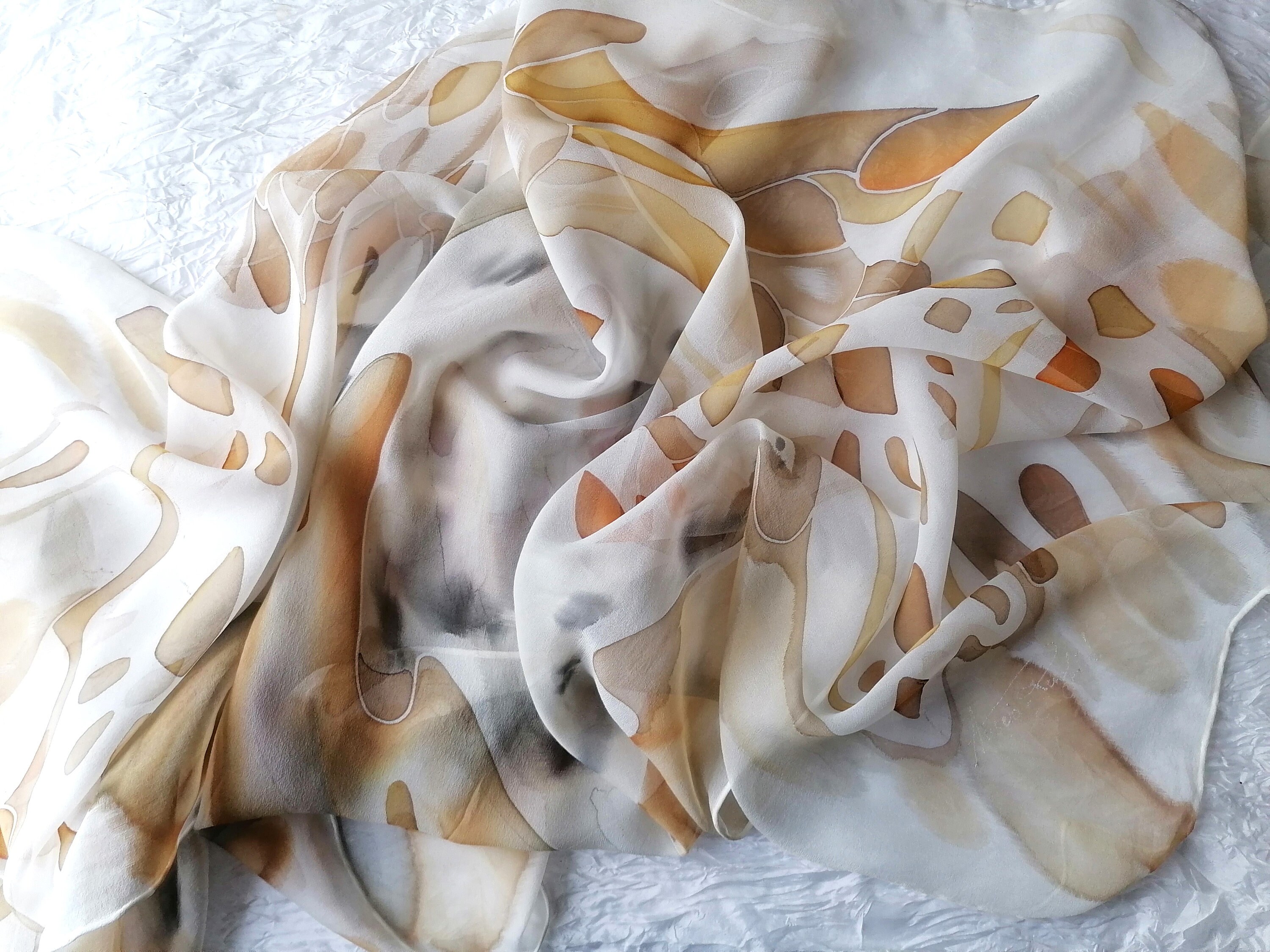 Silk Chiffon Scarf Hand Painted Silk Scarf Abstract Drawing Off-white ...