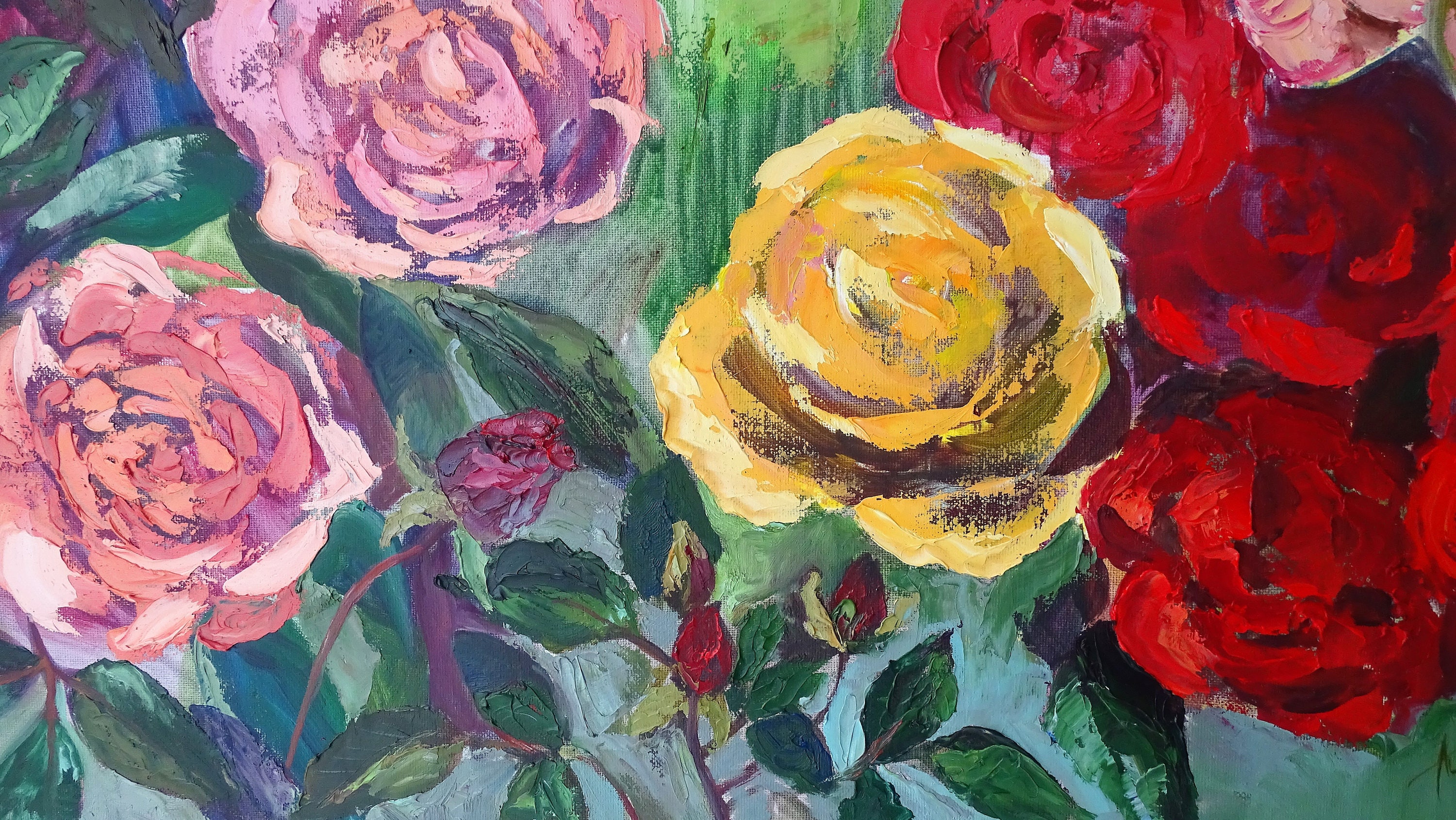 Original Oil Painting, Roses, Brush and Palette Knife, Floral Art, Hand ...