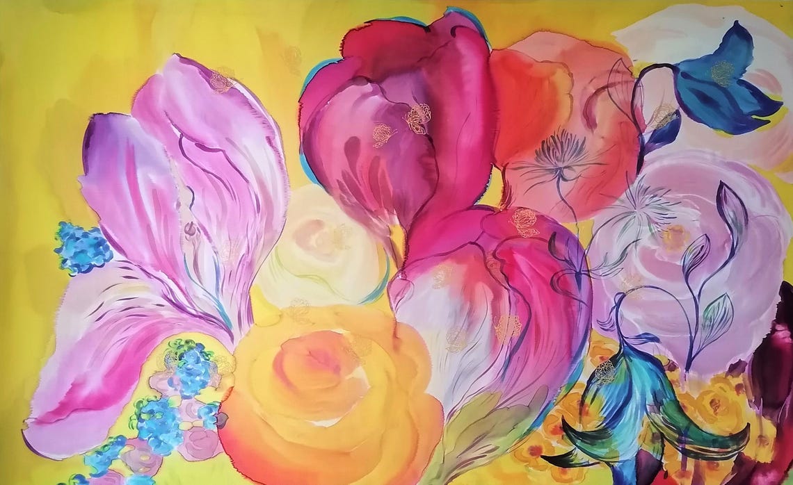 Spring Flower Painting on Silk Tulips and Spring Flowers Original ...