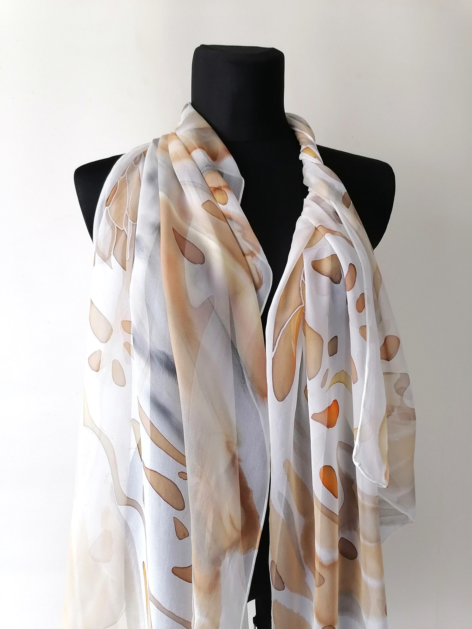 Silk Chiffon Scarf Hand Painted Silk Scarf Abstract Drawing Off-white ...