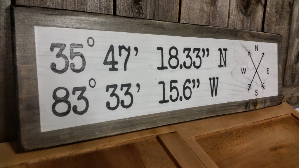 Custom wood Geo location coordinate sign. Rustic farmhouse | Etsy