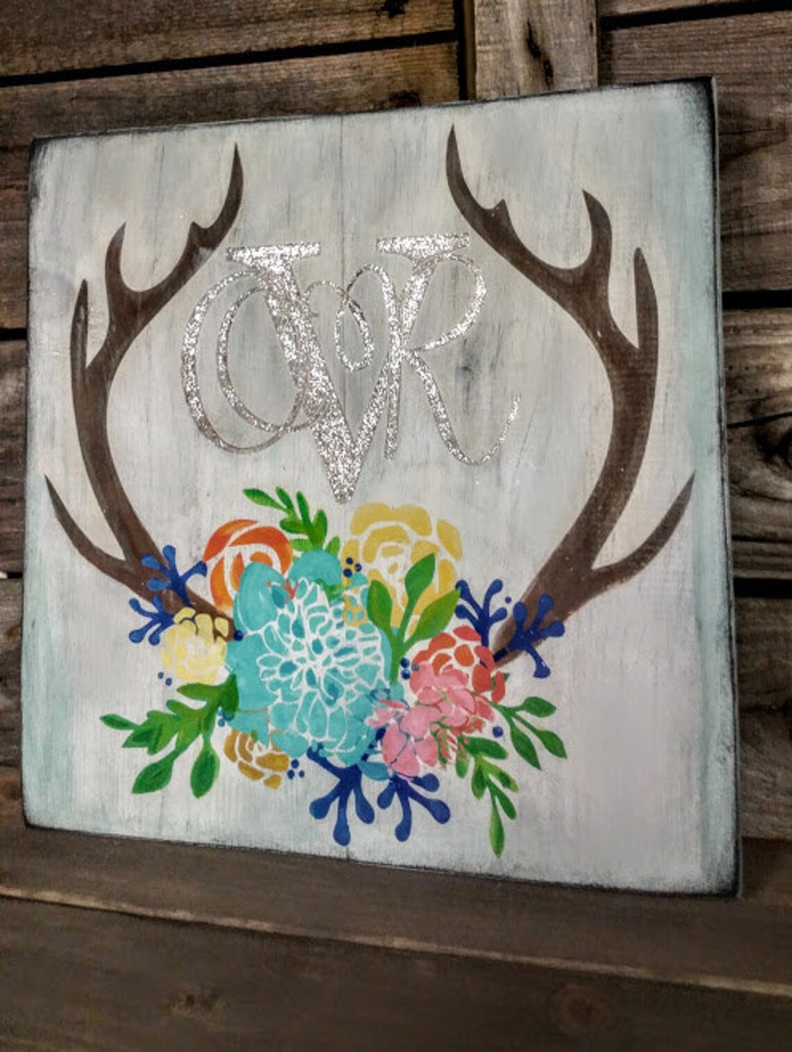Rustic Floral Antler Monogram Customized Bedroom Wall Art - Etsy