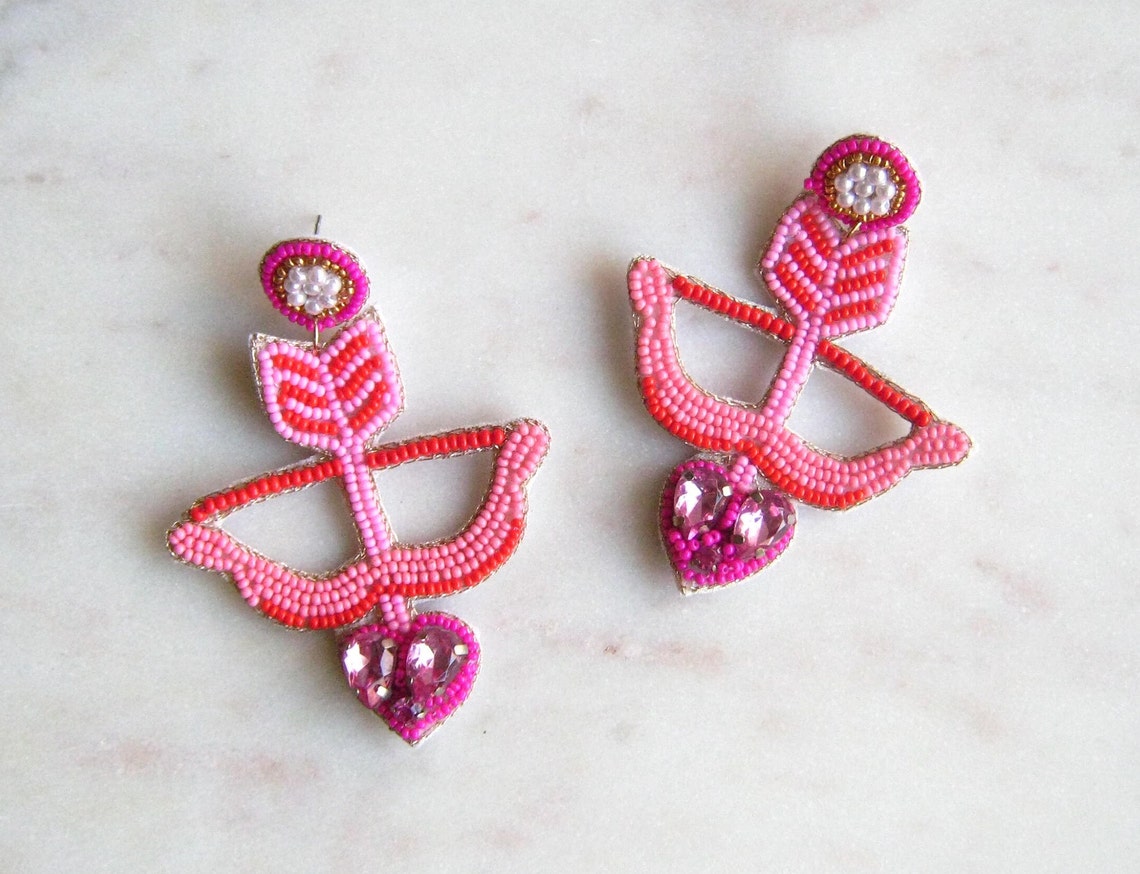 Pink Cupid's Bow & Arrow Seed Bead Earrings - Gifts for Her - Etsy