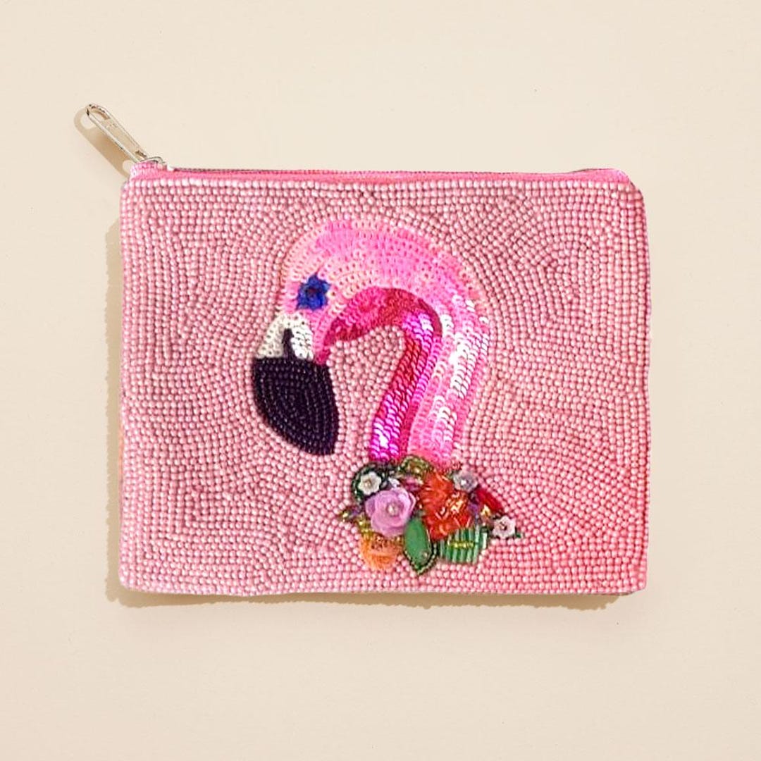 Flamingo Seed Bead Coin Purse, Boho Bags, Secret Santa Gifts, Holiday ...