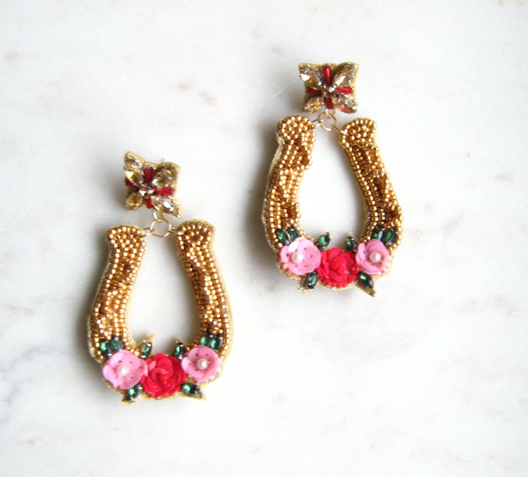 Derby Horseshoe Seed Beaded Earrings - Gold Tone - Seed Bead Earrings ...