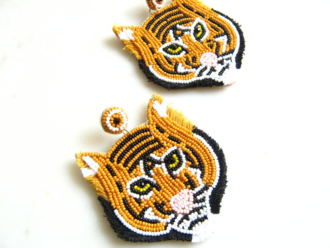 Tiger Seed Beaded Earrings - Large Statement Earrings - Game Day ...
