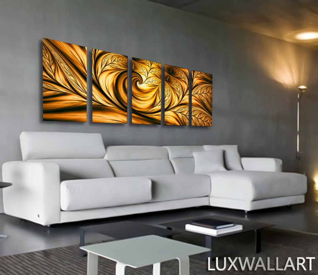 Gold Metal Contemporary Large Wall Art Photo Print Vibrant Golden Leaf ...