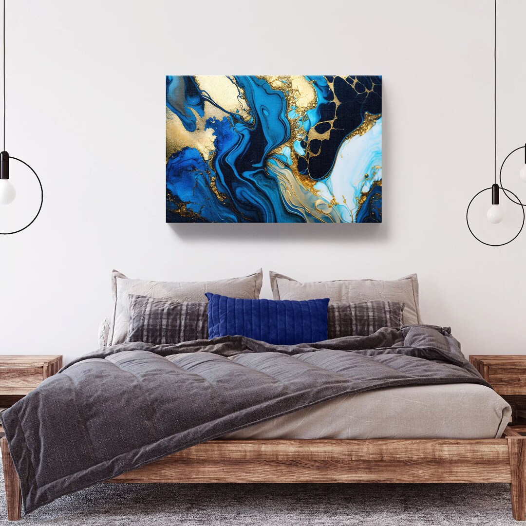 Luxury Abstract Marble Blue and Gold Canvas - Etsy