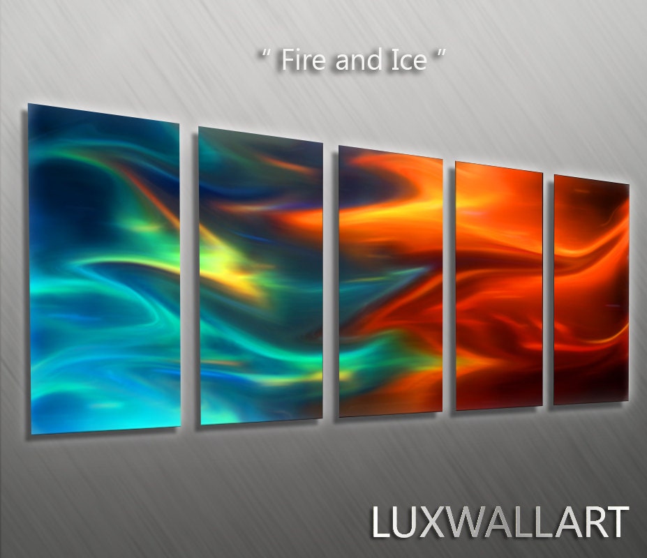 Large Abstract Metal Wall Art Decor Fire and Ice Blue and Red - Etsy
