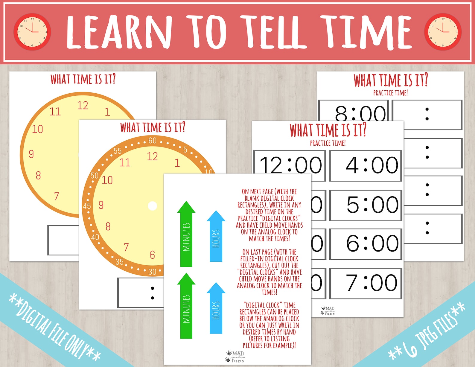 Tell Time Learning Clock Printable Activity DIGITAL - Etsy