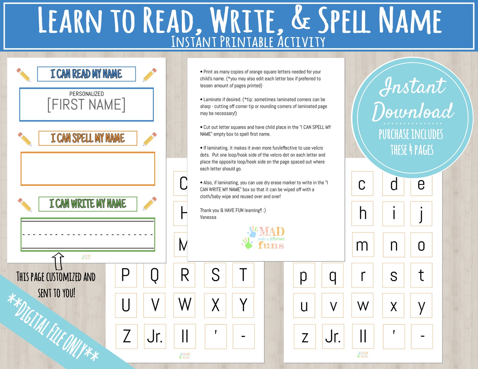 Learn to Read, Spell and Write Name Printable Activity, PERSONALIZED ...