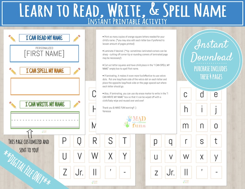 Learn to Read Spell and Write Name Printable Activity | Etsy