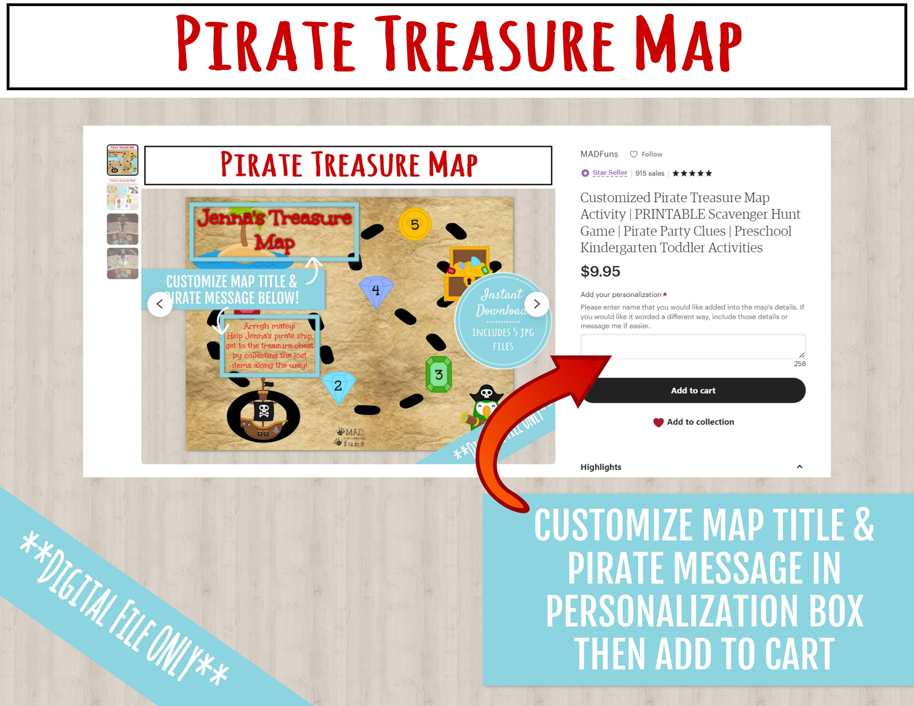 Customized Pirate Treasure Map Activity | PRINTABLE Scavenger Hunt Game ...