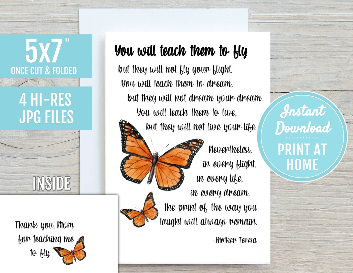 You Will Teach Them to Fly Mom 5x7 Printable Greeting Card | Mother's ...